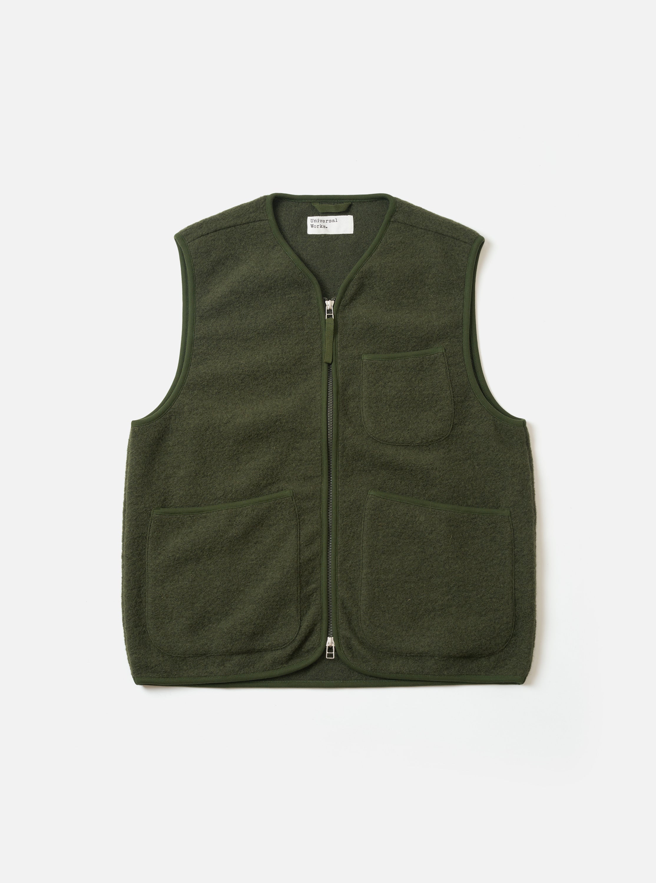 Universal Works Olive Wool Fleece Zip Gilet | King's Cross