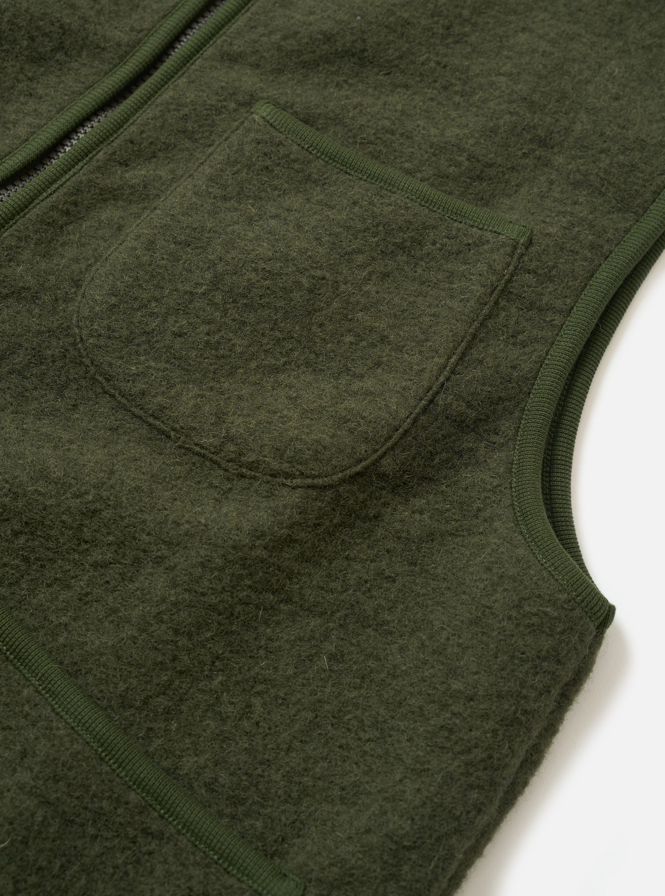 Universal Works Olive Wool Fleece Zip Gilet | King's Cross